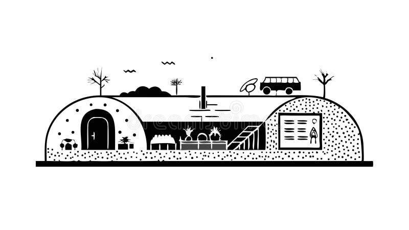Self-sufficient Underground Bunker with Livestock in Simple Line Art ...