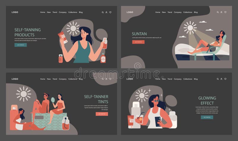 Self-tan Web Banner or Landing Page Dark or Night Mode Set. Beautiful ...