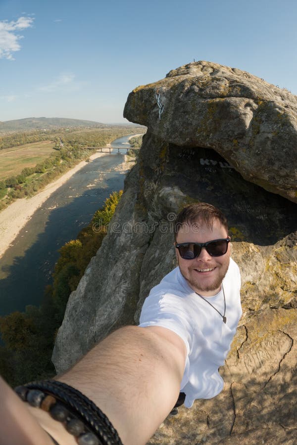 Selfie on a Cliff Overlooking a River Stock Photo - Image of scenic ...