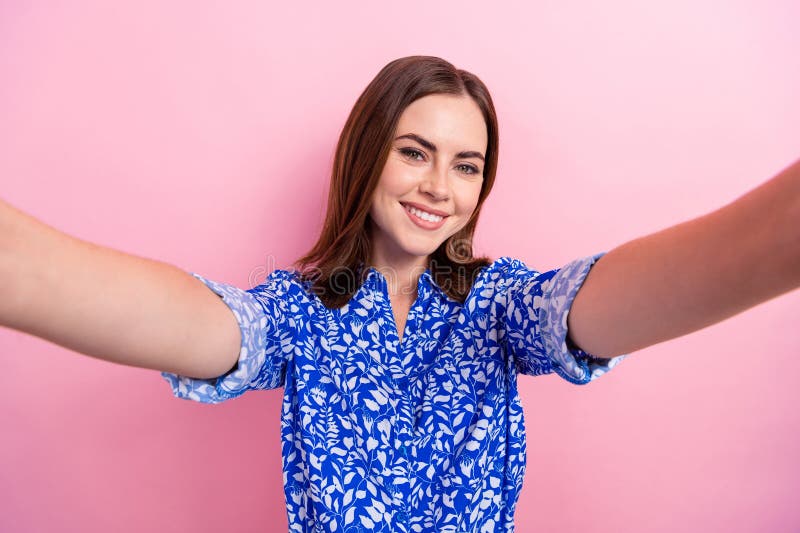 Selfie Closeup Photo Of Young Woman Smile Make Video Record Portrait