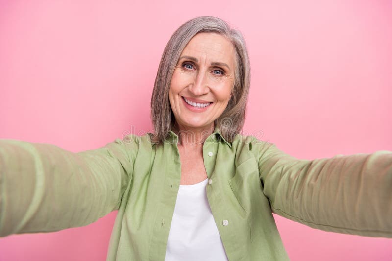 Selfie Closeup Portrait Of Cheerful Retired Grey Hair Woman Positive