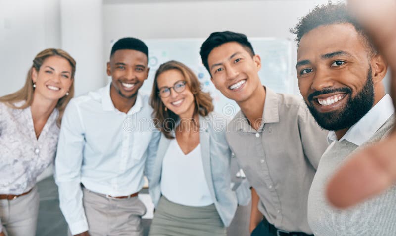 Selfie Collaboration And Diversity With A Business Team Posing For A
