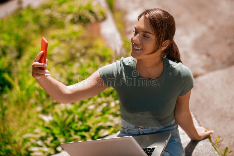 Cute Young Woman Making Selfie And Smiling Stock Image Image Of Young
