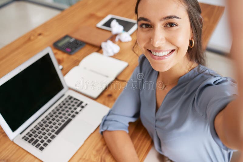 Selfie Laptop And Happy Woman Working At Office Desk For Web Tech