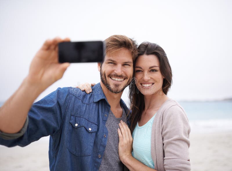 Selfie Love And Couple Hug At Beach For Travel Photo And Freedom