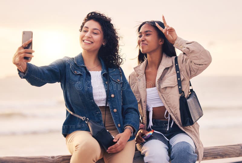 Selfie Peace Sign And Women With Phone Beach And Relax Outdoor For