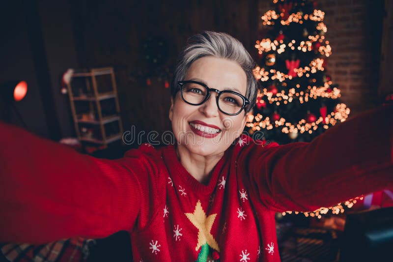 Selfie Portrait Of Toothy Smiling Old White Hair Grandmother Adorable Model Recording New Video 1851