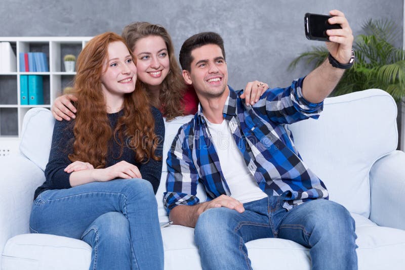 Selfie Time, Everybody Smile! Stock Image - Image of indoors, friends ...