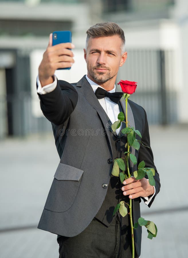 Selfie Time Man In Tuxedo Making Selfie Man In Bowtie Outdoor