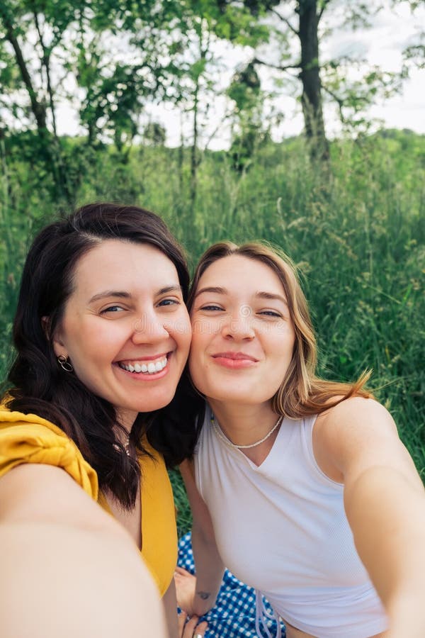 Selfie of Two Friends at Picnic in Nature Stock Image - Image of ...