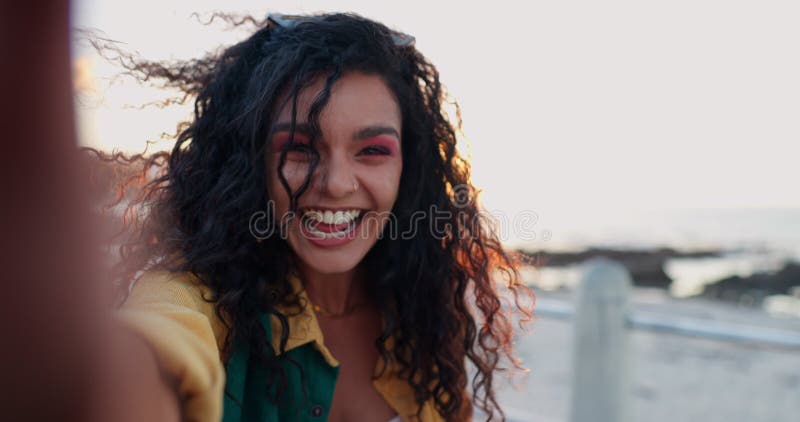 Selfie Woman And Beach With Holiday Smile And Social Media With