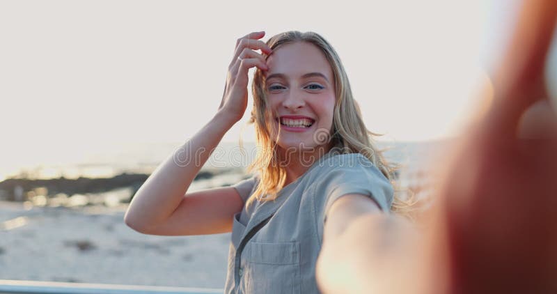 Selfie Woman And Beach With Vacation Excited Or Social Media With