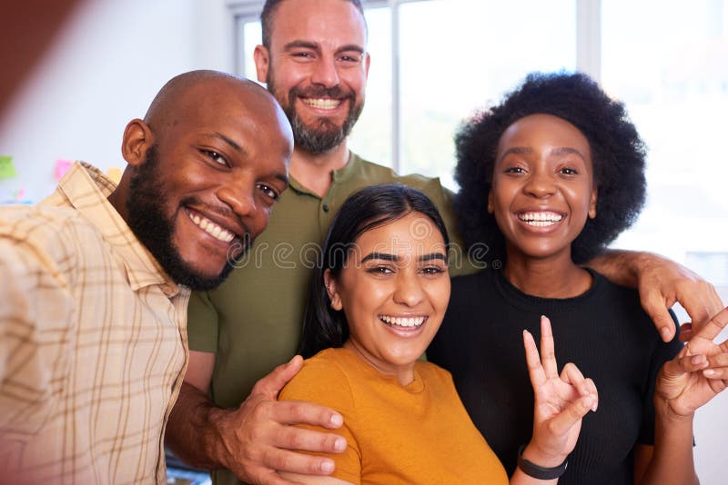 Selfie at Work with Colleagues, Creative Diverse Team Having Fun in ...