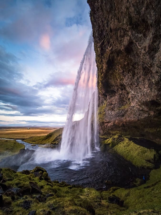 Seljalandsfoss Waterfall Wide Angle at Dawn, Vertical Composition Stock ...