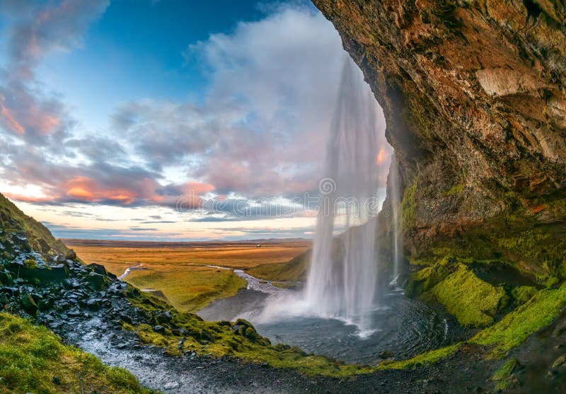 Seljalandsfoss Waterfall Wide Panorama at Dawn in Iceland Stock Image ...