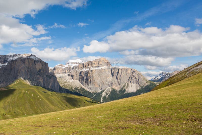 Sella Mountain Group in Dolomites, Cloudy Blue Sky Stock Photo - Image ...