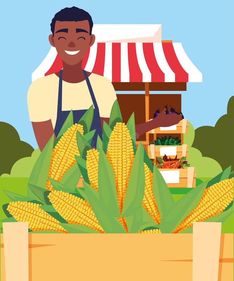 Seller Man Farm Products Stand Stock Illustration - Illustration of ...