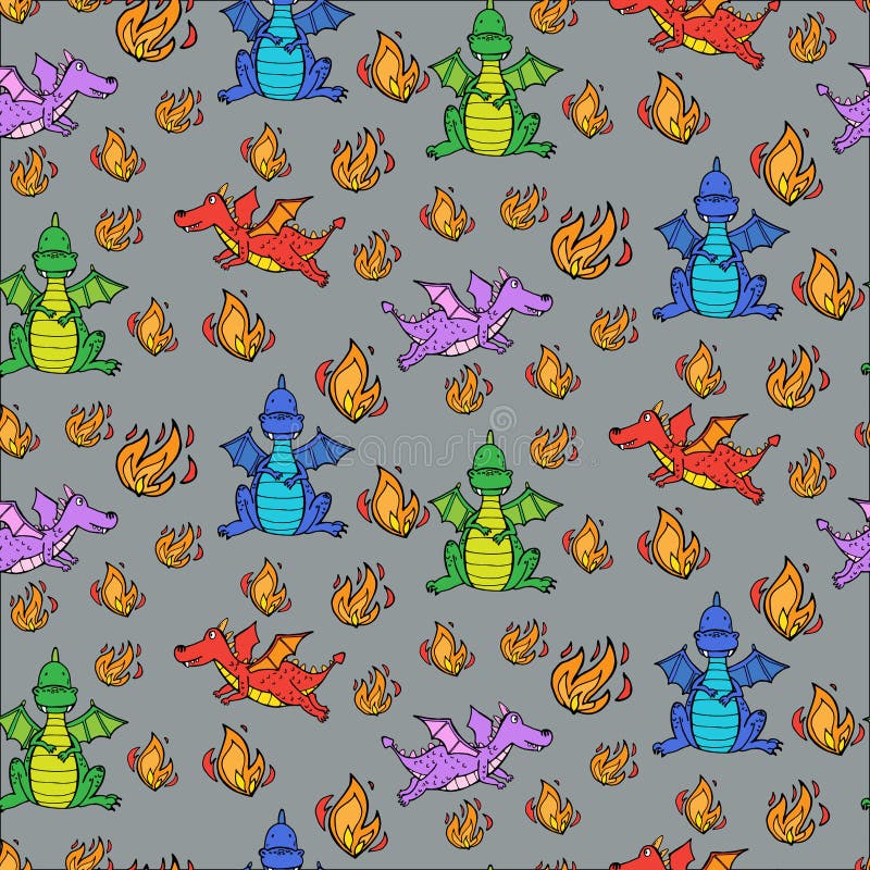 Semaless Pattern with Cute Dragons and Fire Stock Illustration ...