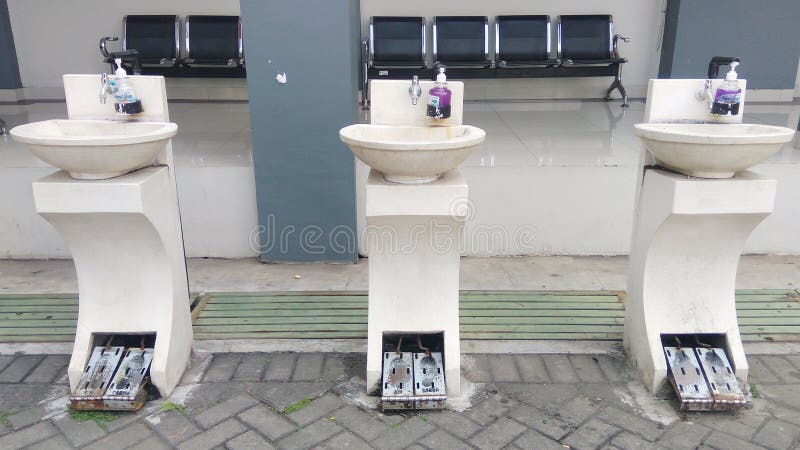Semi Automatic Hand Washing Place during the Covid 19 Pandemic Stock ...