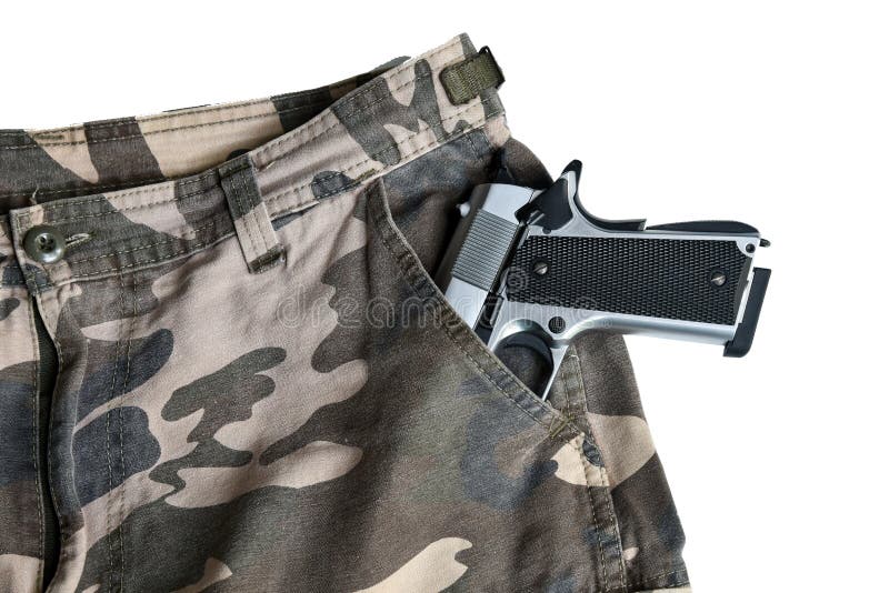 1911 Semi Automatic Handgun in Camouflage Pant Pocket White Back Stock ...