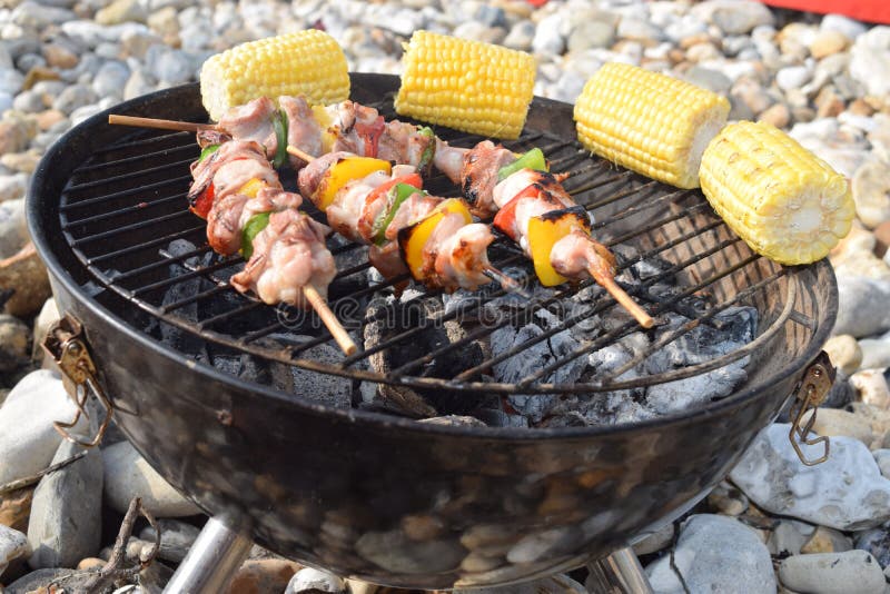 Semi Cooked Chicken Skewers and Sweet Corn Stock Image - Image of ...