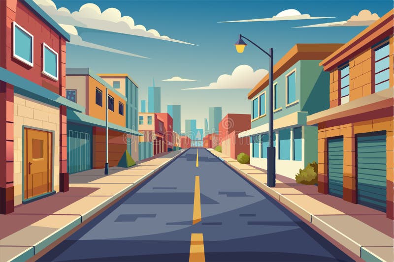 An Illustration of an Empty City Street with Colorful Buildings and ...
