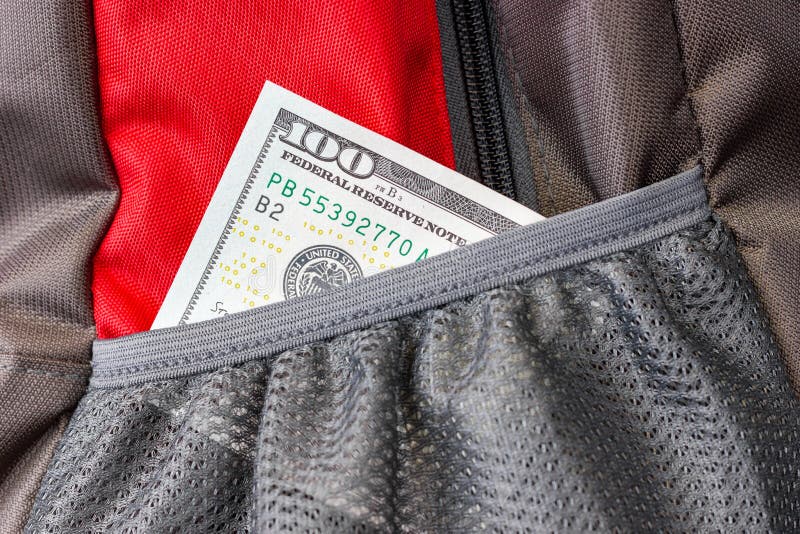Semi-open Pocket on the Backpack. a Piece of a Hundred Dollar Bill ...