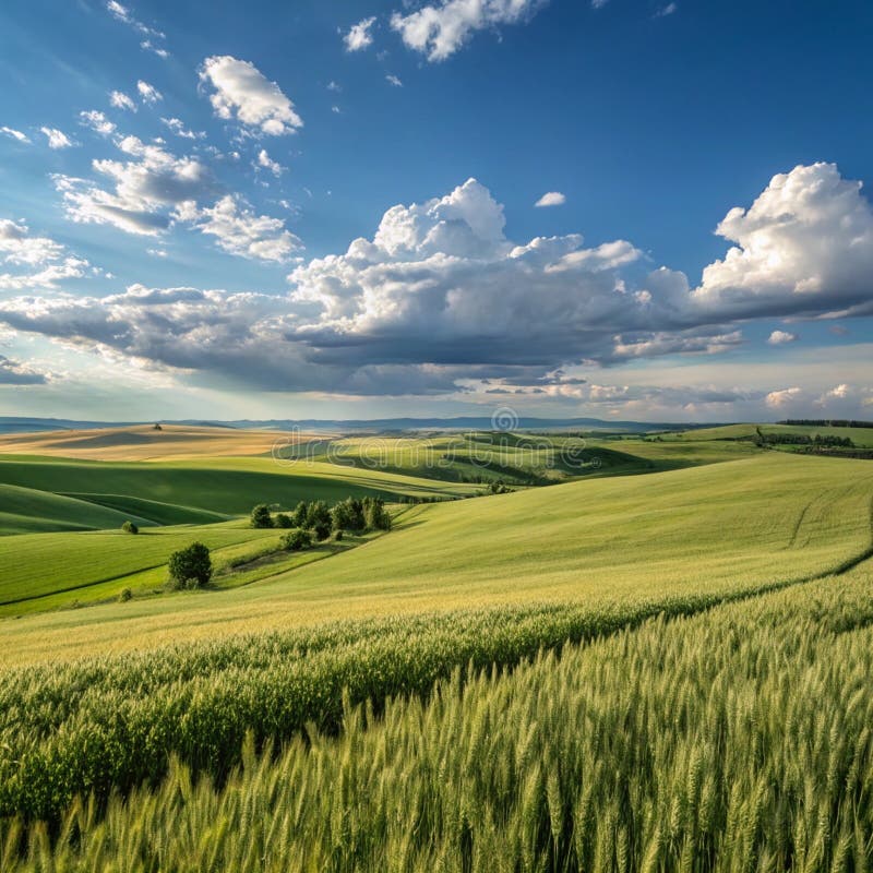Semi-Ripe Grain Field with Rolling Green Fields in the Background with ...