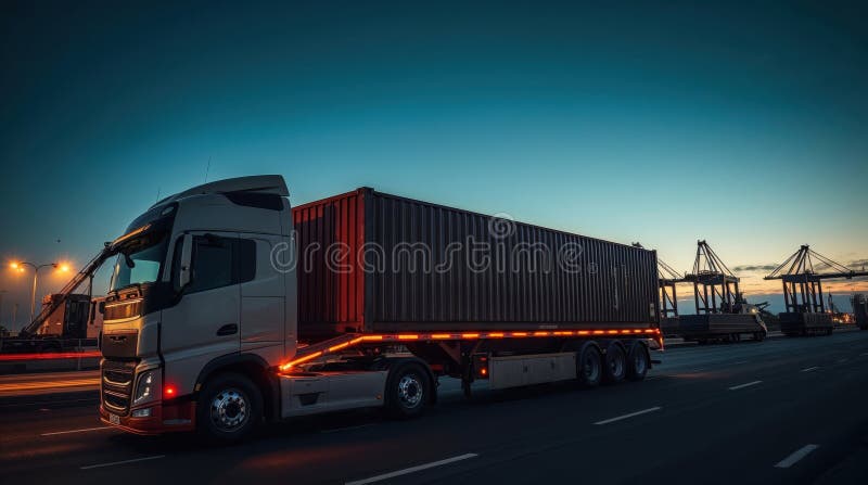 Semi-track Trailer in the Evening Harbor Stock Image - Image of cargo ...