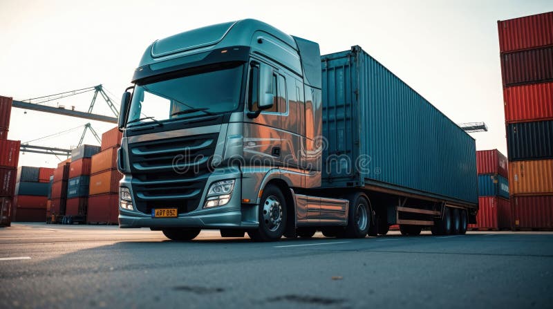 Semi-track Trailer in the Evening Harbor Stock Photo - Image of ...