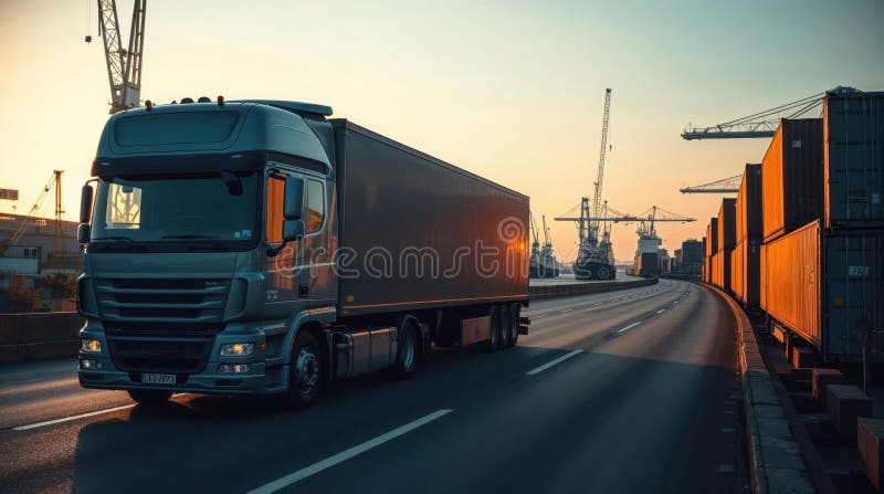 Semi-track Trailer in the Evening Harbor Stock Image - Image of power ...