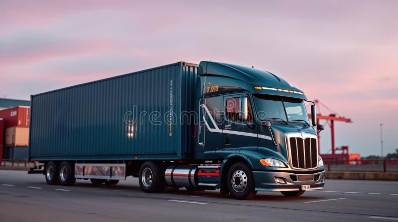 Semi-track Trailer in the Evening Harbor Stock Photo - Image of road ...