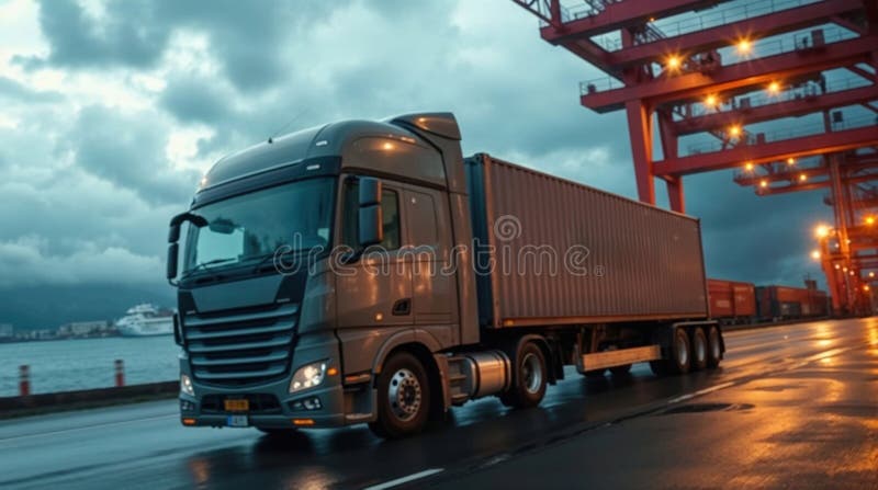 Semi-track Trailer in the Evening Harbor Stock Photo - Image of clean ...