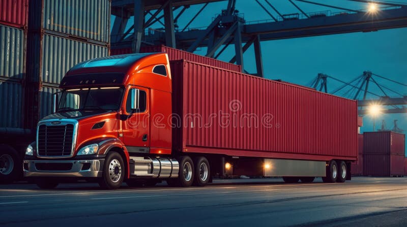 Semi-track Trailer in the Evening Harbor Stock Image - Image of ...
