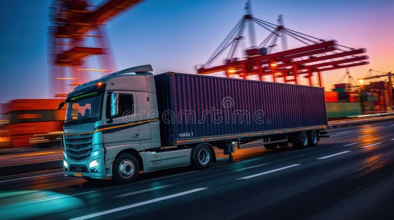 Semi-track Trailer in the Evening Harbor Stock Photo - Image of ...
