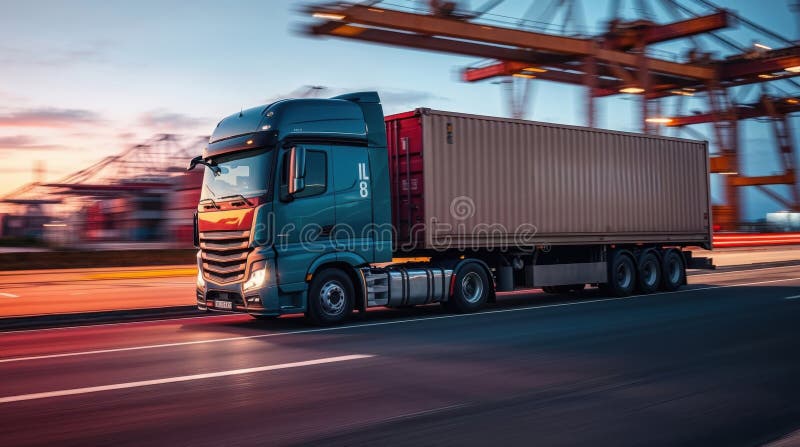 Semi-track Trailer in the Evening Harbor Stock Photo - Image of ...