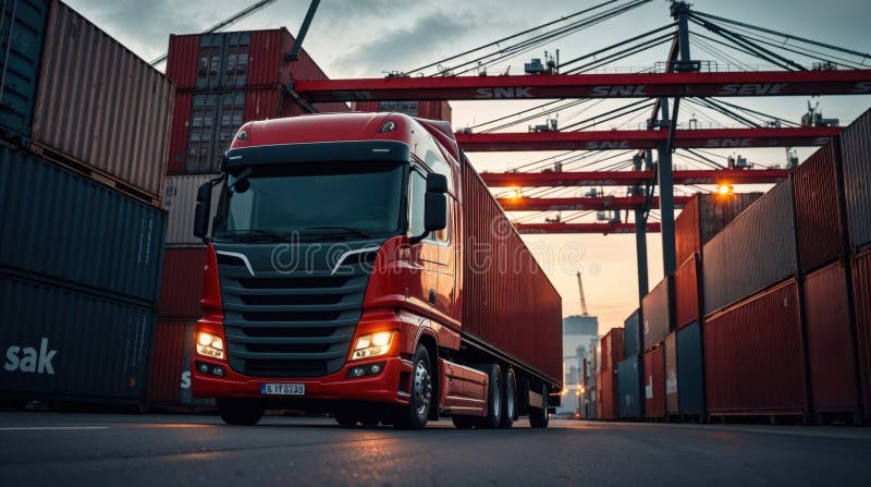 Semi-track Trailer in the Evening Harbor Stock Photo - Image of truck ...