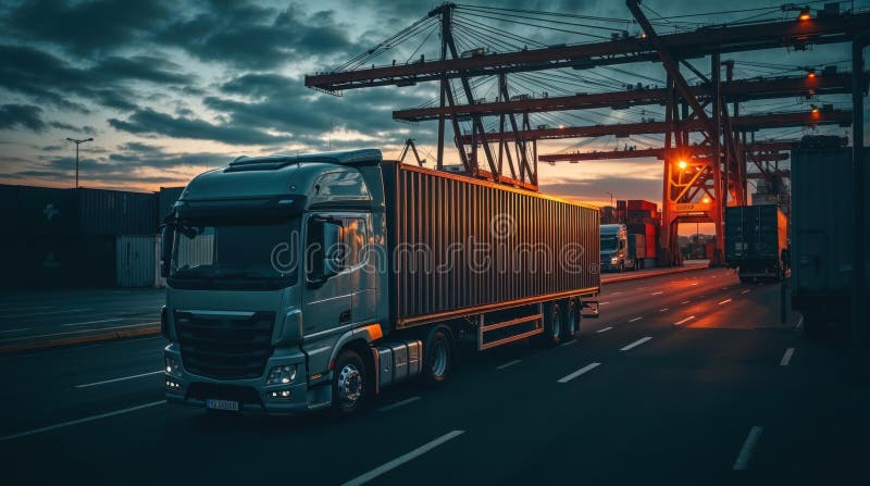 Semi-track Trailer in the Evening Harbor Stock Image - Image of ...