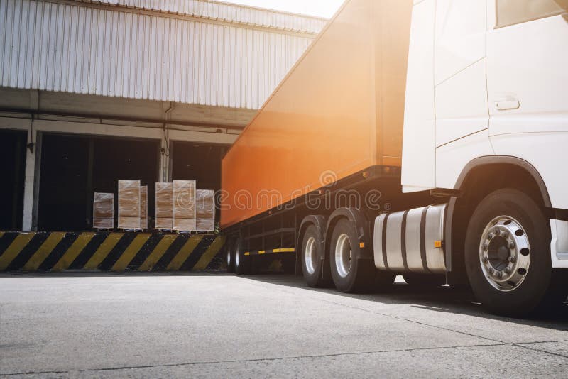 Semi Trailer Trucks with Cargo Container Parked Loading at Dock ...