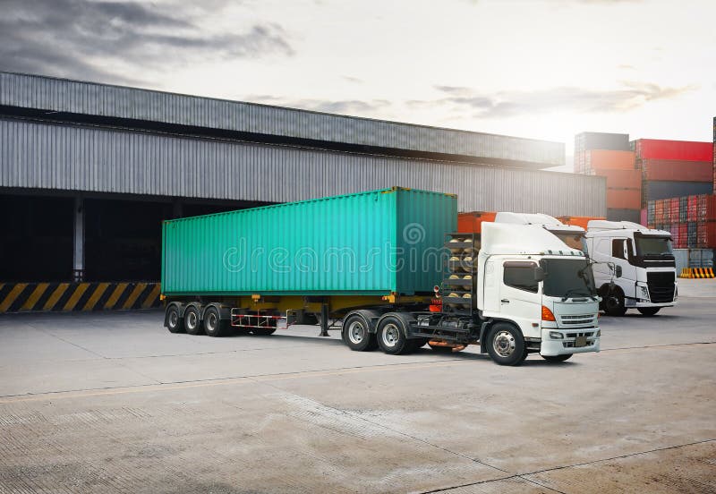 Semi Trailer Trucks Loading at Warehouse Dock. Cargo Container Shipping ...