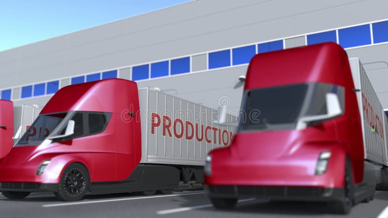 Modern Semi-trailer Trucks at Warehouse Loading Dock with LOGISTICS ...