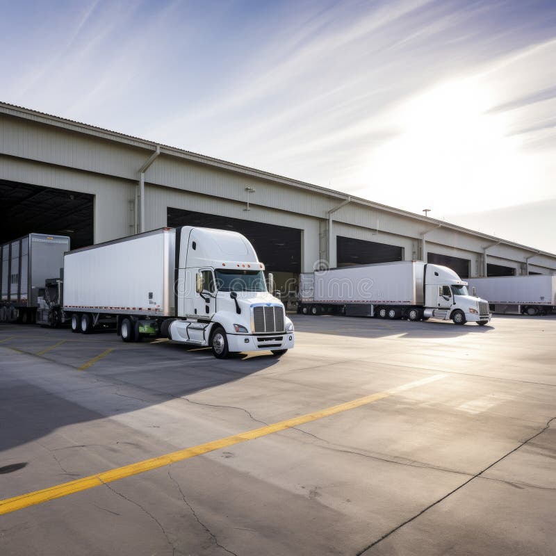 Semi Trailer Trucks Waiting at the Loading Docks of a Distribution ...