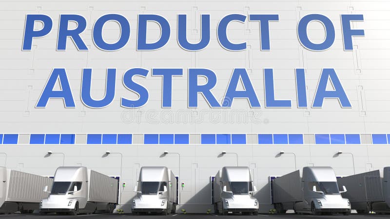 Trailer Trucks at Warehouse Loading Dock with PRODUCT of AUSTRALIA Text ...
