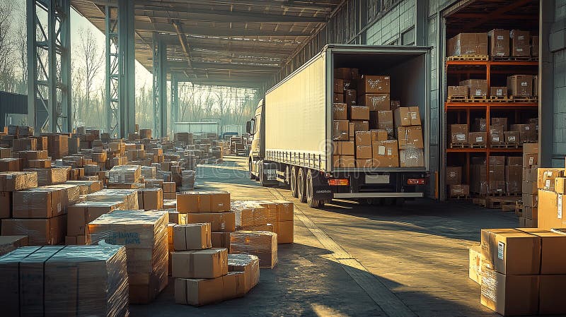 Semi Truck Being Loaded with Pallets of Boxes in a Sunlit Warehouse ...