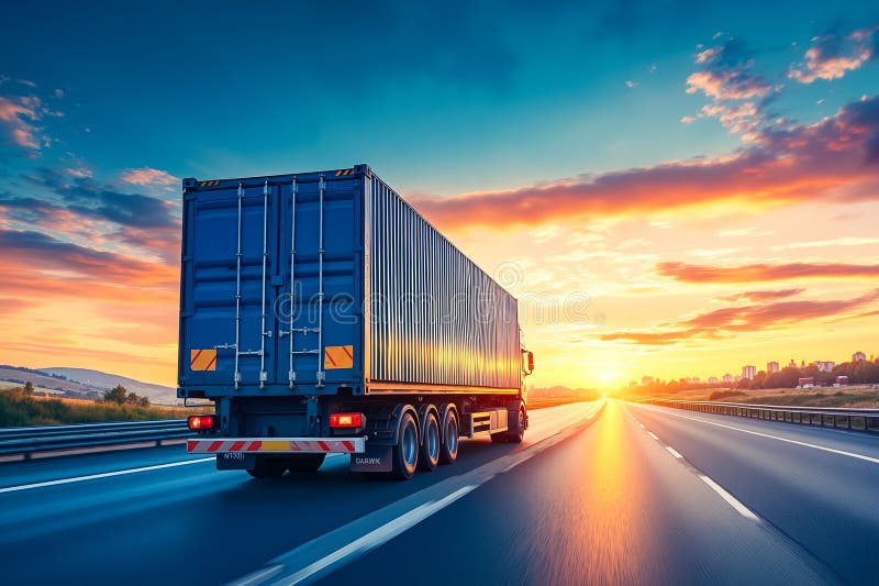 A Semi Truck Driving Down a Highway at Sunset Stock Image - Image of ...