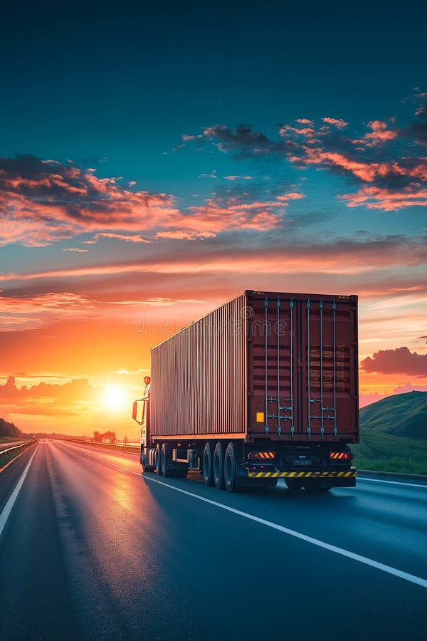 A Semi Truck Driving Down a Highway at Sunset Stock Image - Image of ...