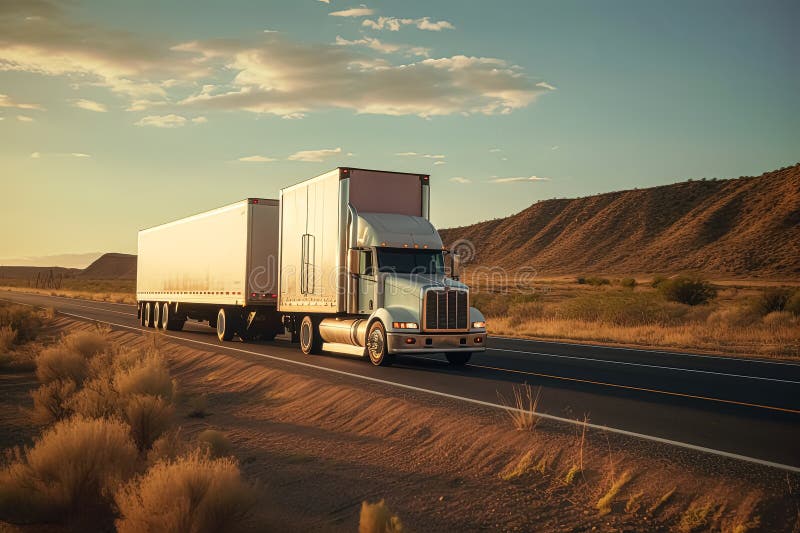 A Semi Truck is Driving Down a Road in a Desert Stock Photo - Image of ...
