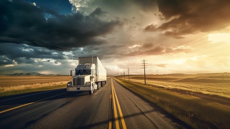 A Semi Truck is Driving Down a Road in a Field Stock Image - Image of ...
