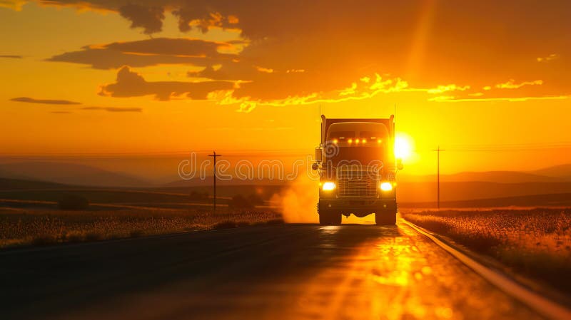 A Semi Truck Driving Down a Road at Sunset Stock Photo - Image of ...