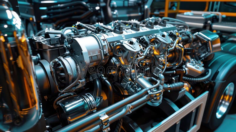 Semi-truck Engine with Visible Turbochargers and Cooling Stock ...